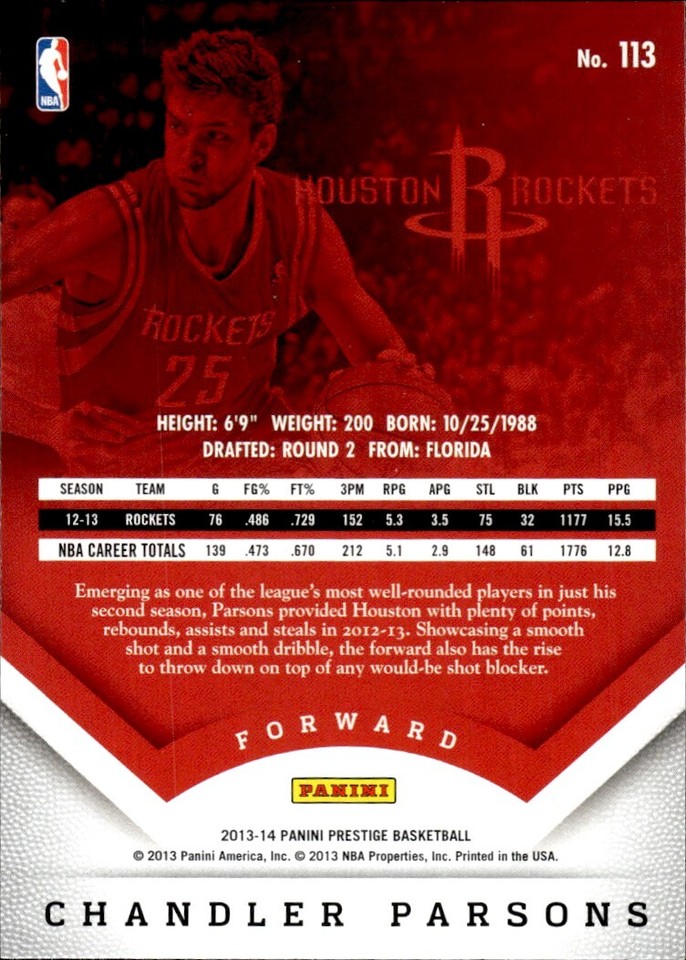 2013-14 Panini Prestige Chandler Parsons Houston Rockets #113 | eBay