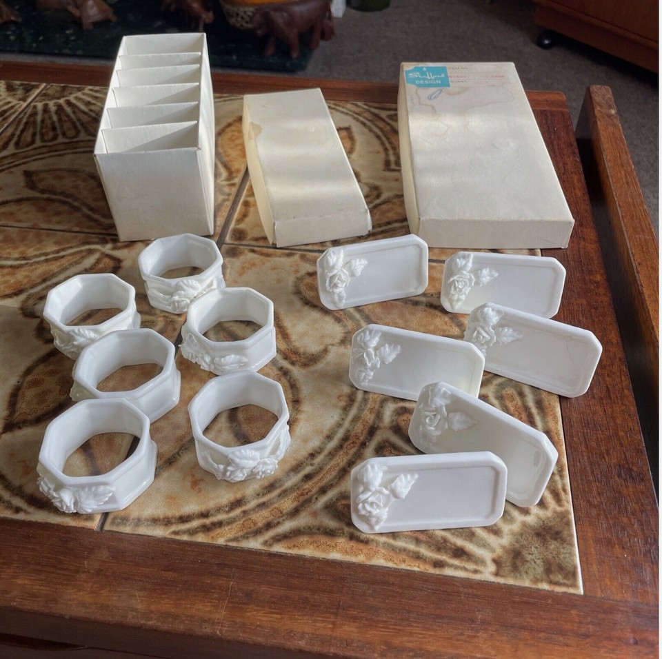 VINTAGE SHAFFORD DESIGN BONE CHINA OCTAGON NAPKIN RINGS + PLACE CARDS 6 ...