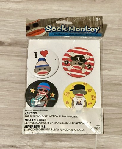 Sock Monkey Buttons 4 Piece Set Pirate Rock Star Hip Hop Rapper Love ...