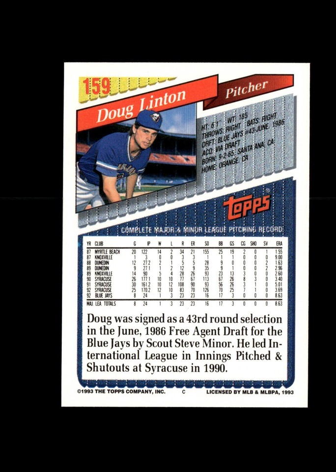 Doug Linton : 1993 Topps MLB Baseball Card #159 : Toronto Blue Jays | eBay