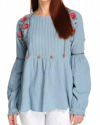 NEW - Indigo Thread Co.100% Cotton Pom Pom Trimmed & Embroidered Top | eBay