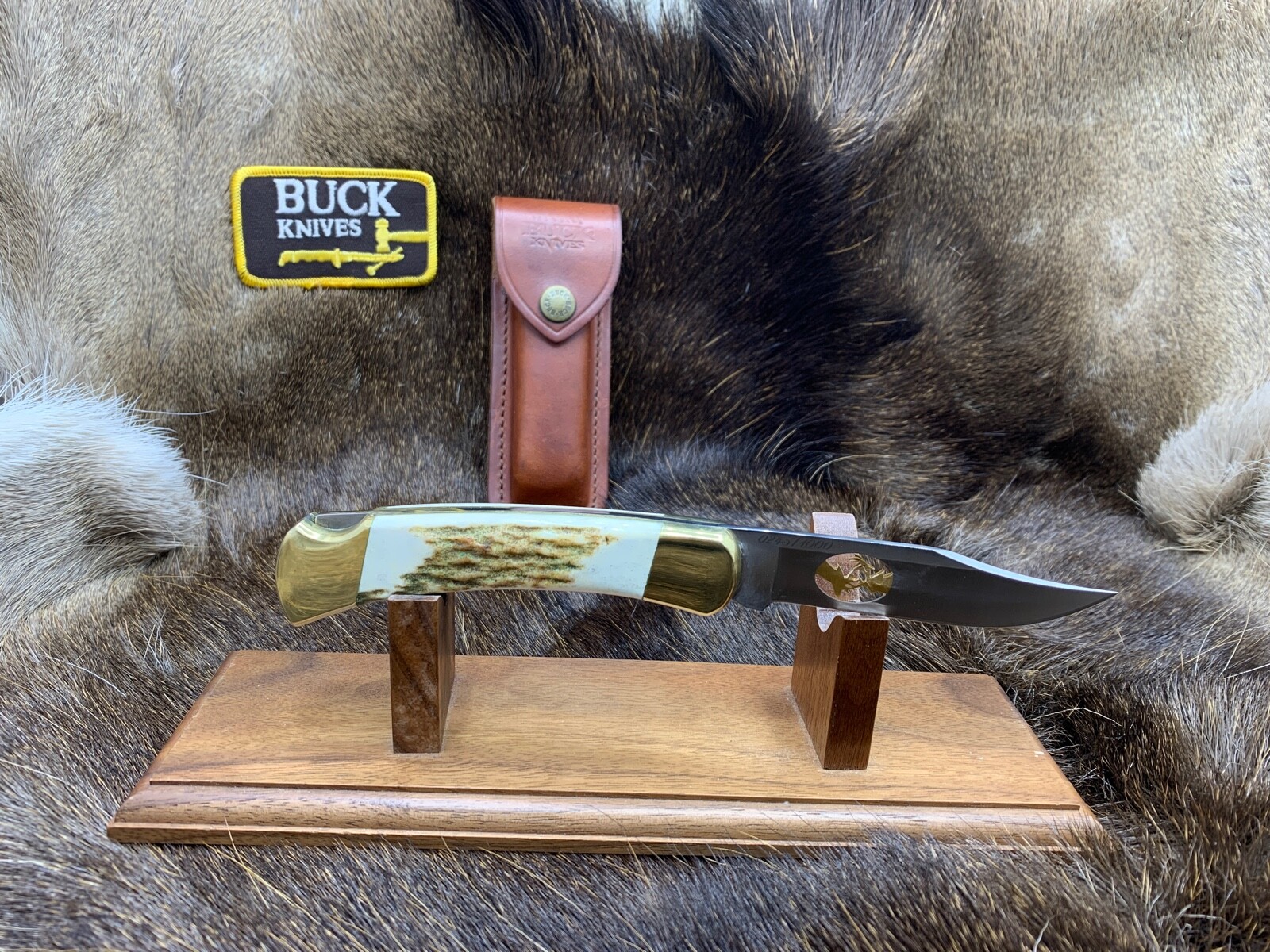 Buck 110 Knife With Elk Handles & 24kt Gold Cut-Out & Leather Sheath ...