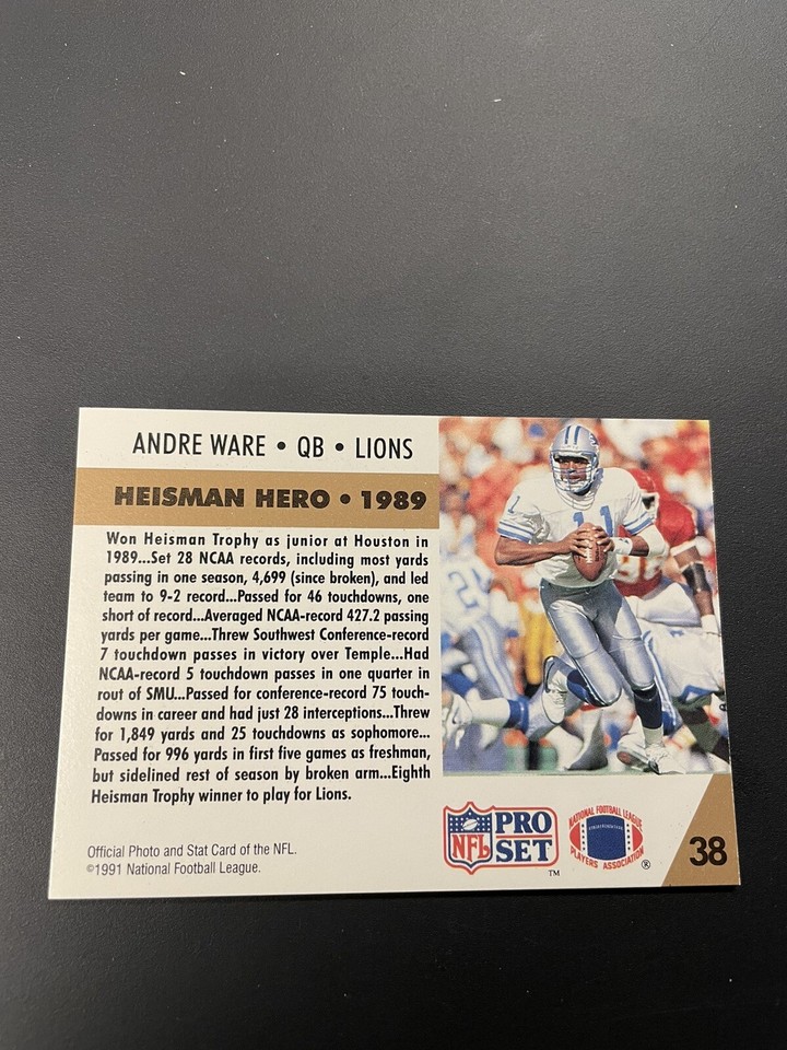1991 Pro Set Football Andre Ware Detroit Lions Heisman Hero #38 ...
