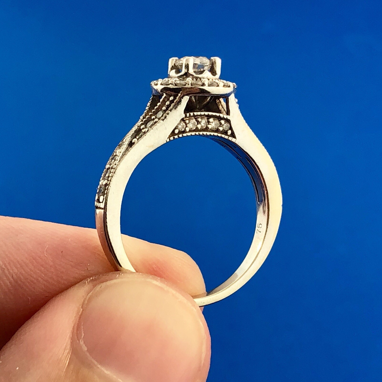 ZEI 14K White Gold Diamond Solitaire W/Halo Engagement Bridal Wedding ...