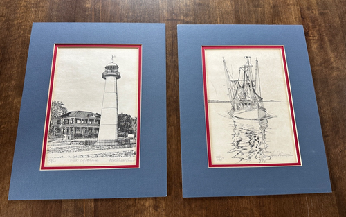 Set of 2 Signed Ken Matthews Nautical/Biloxi Lighthouse Matted Drawings ...
