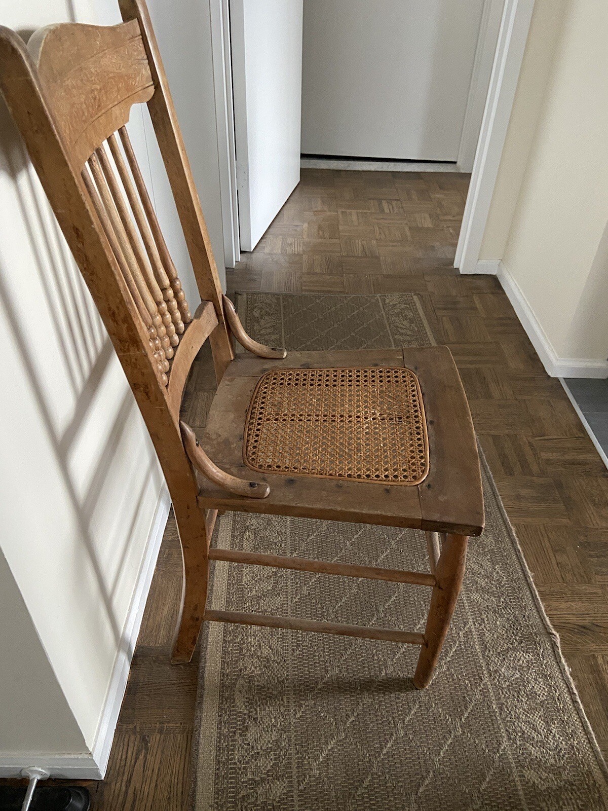 antique wooden spindle carved back chair with cane seat. | eBay