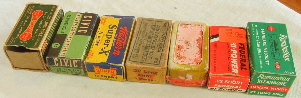 7 Vintage Remington, Western, Winchester Federal etc. .22 Ammo Boxes ...