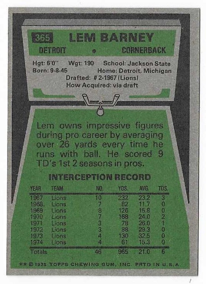 LEM BARNEY 1975 Topps Football # 365 Detroit Lions HOF NM - MT | eBay