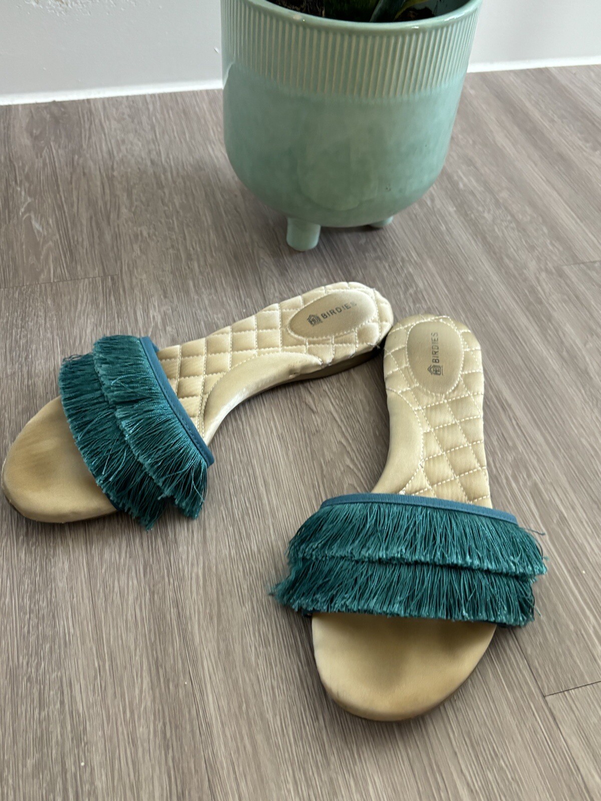 Birdies Gold Fringe Sparrow Slide Sandals in Azure size 8.5 | eBay