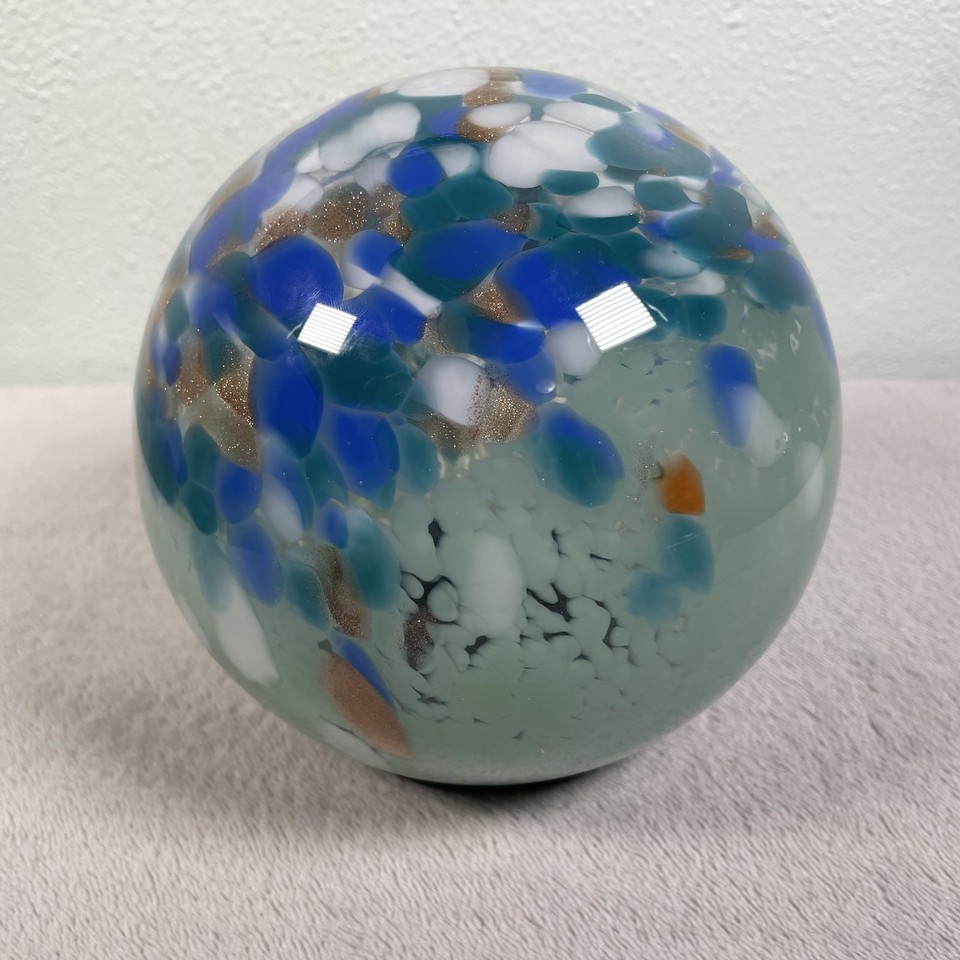 HQT Hand Made Glass Ball Blue White Gold 6" Decorative Orb Art Home ...