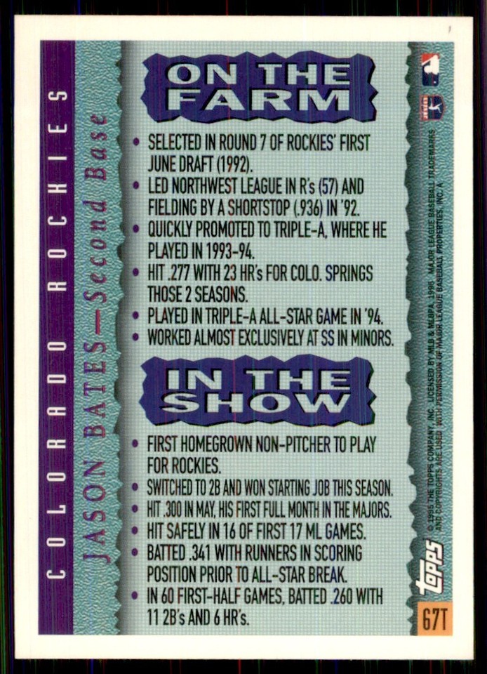 1995 Topps Traded Rookies Jason Bates Colorado Rockies #67T | eBay