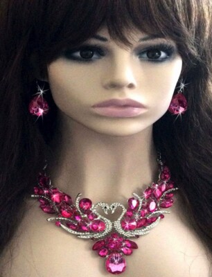 NECKLACE & EARRINGS JEWELRY SET - STUNNING ROSE PINK CRYSTALS WHITE ...