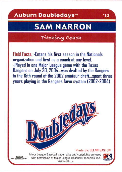 2012 Auburn Doubledays Grandstand #19 Sam Narron Pitching Coach ...