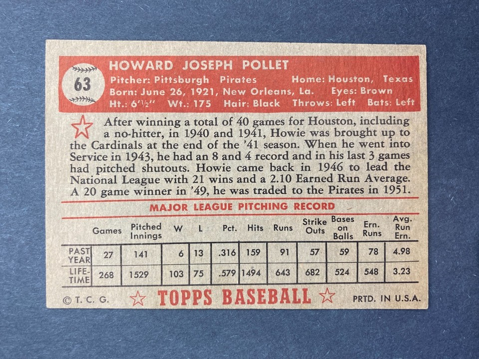 1952 Topps #63 Howie Pollet (Pittsburgh Pirates) | eBay