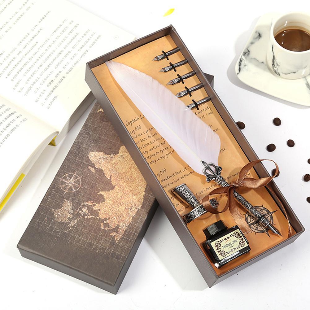 Calligraphy Feather Dip Pen Writing Ink Quill Fountain Pen Set (White ...