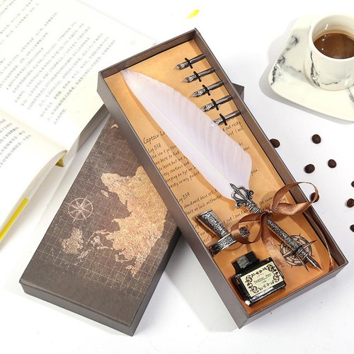 Calligraphy Feather Dip Pen Writing Ink Quill Fountain Pen Set (White ...
