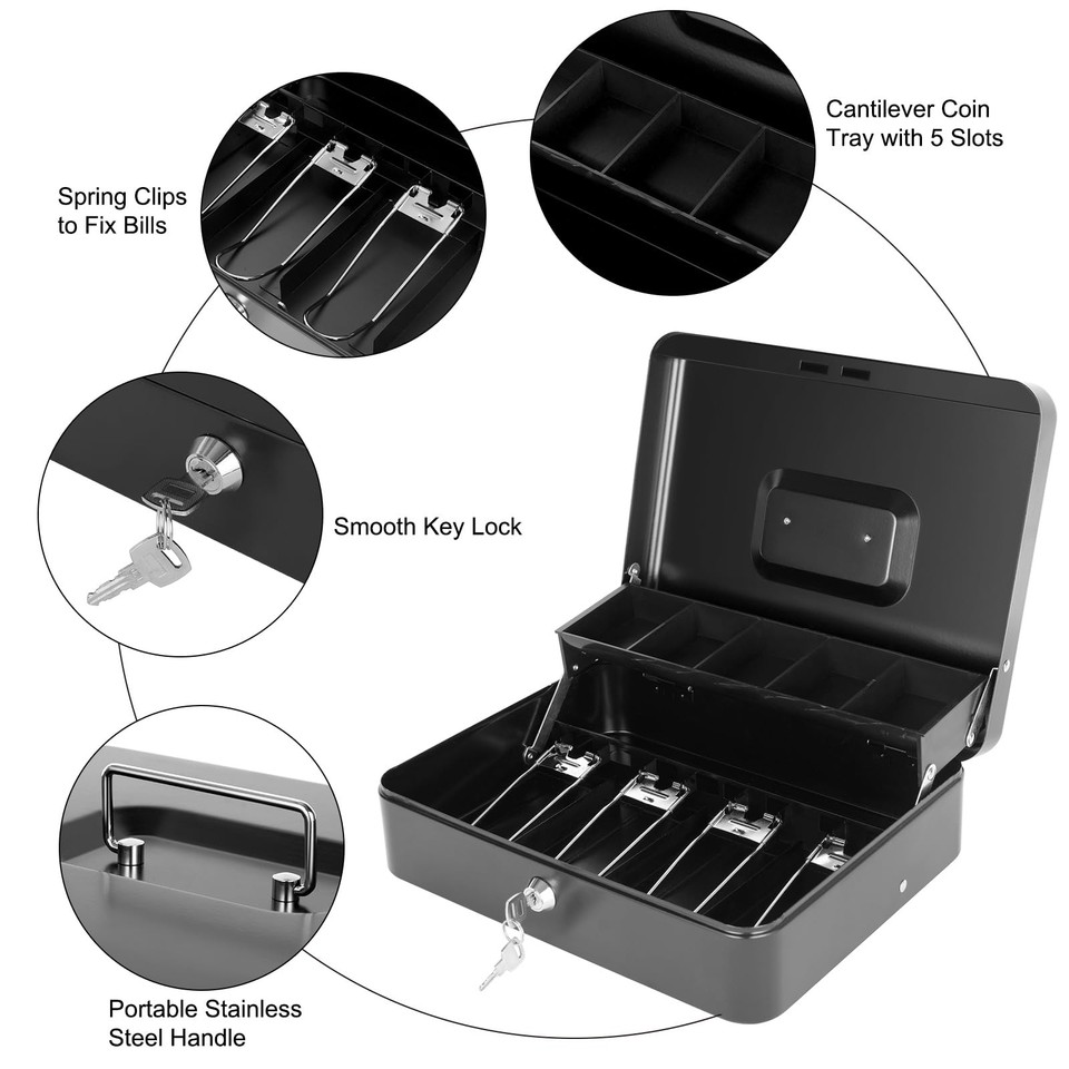 Cash Box with Money Tray and Lock, Metal Money Box for Cash Register ...