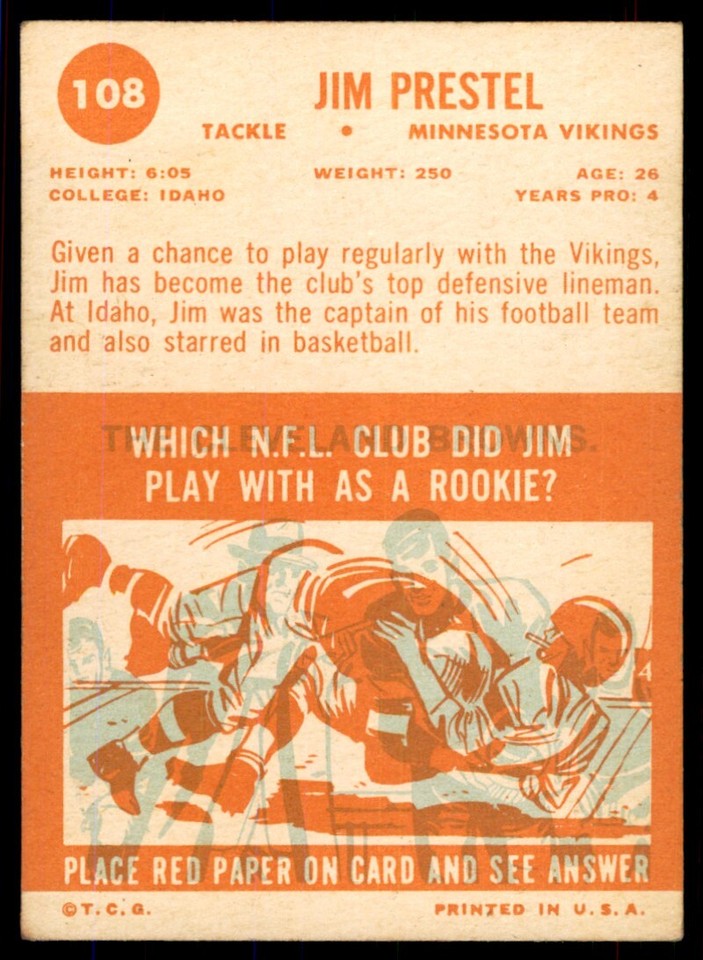 1963 Topps Jim Prestel . Minnesota Vikings #108 | eBay