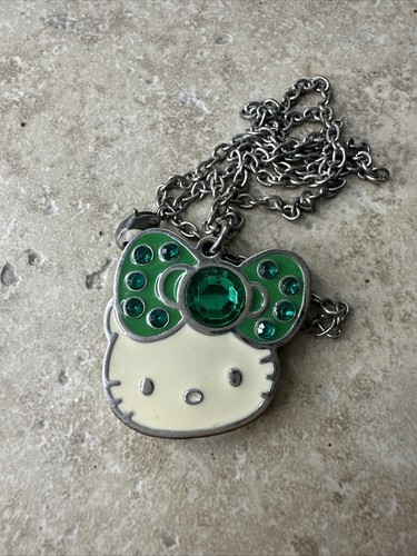 Hello Kitty Sanrio Green Rhinestone Silver Tone Pendant Necklace 2009 ...