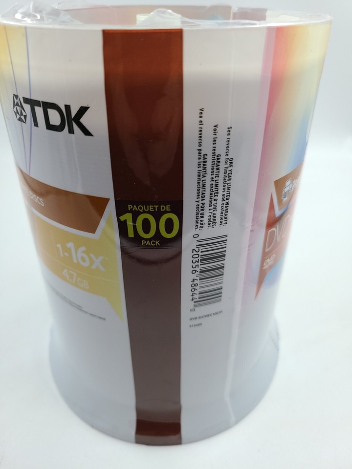 TDK DVD-R 16x Print On White Disc Recordable 100-Pack Spindle BRAND NEW ...
