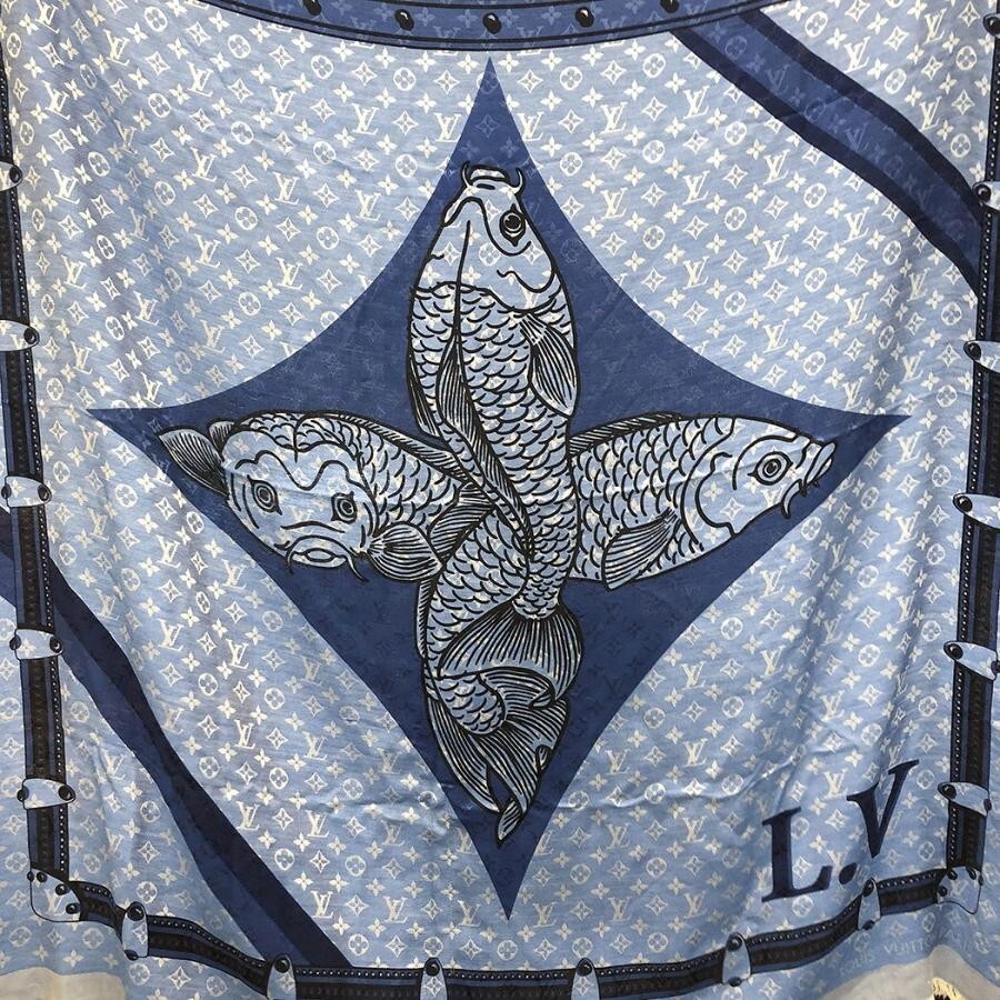 LOUIS VUITTON LV Monogram Koi Fish Blue White Scarf S… - Gem