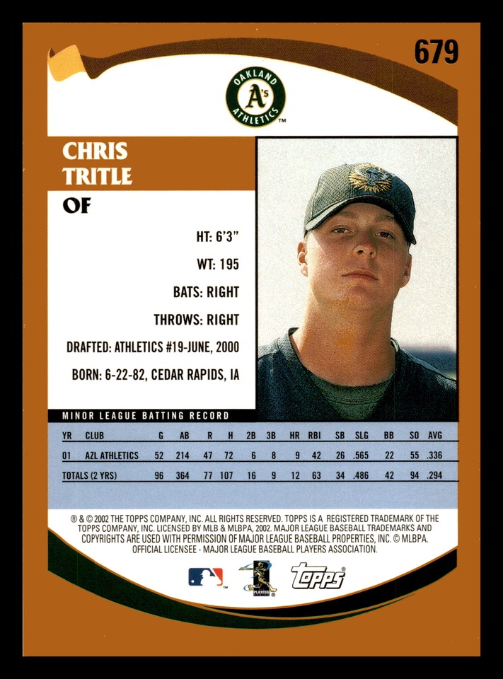 2002 Topps Chris Tritle Oakland Athletics #679 Centered Mint | eBay