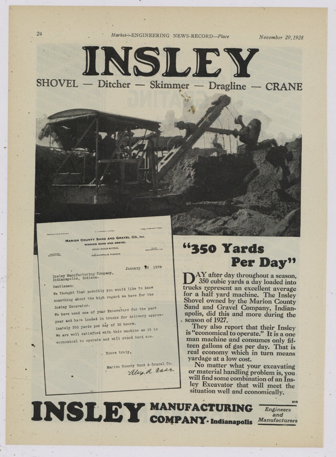 1928 Insley Mfg. Ad: Marion County Sand & Gravel Co. Letterhead ...