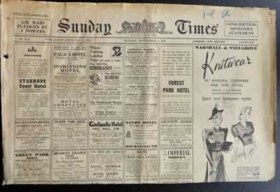 Sept 3, 1939 SUNDAY TIMES [London] Late Edition~The day the British ...
