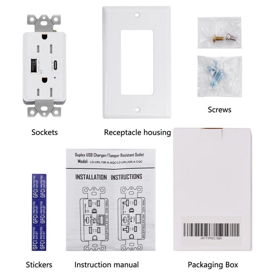 5.8A High-Speed USB Type-C/A Wall Outlet Charger 15Amp Duplex TR ...
