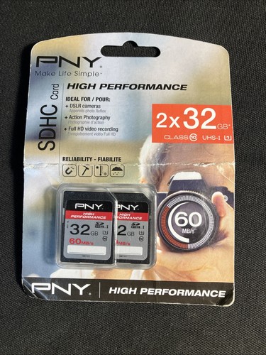 PNY 32GB SDHC Memory Cards X 2,Class 10, New & Sealed High Performance ...