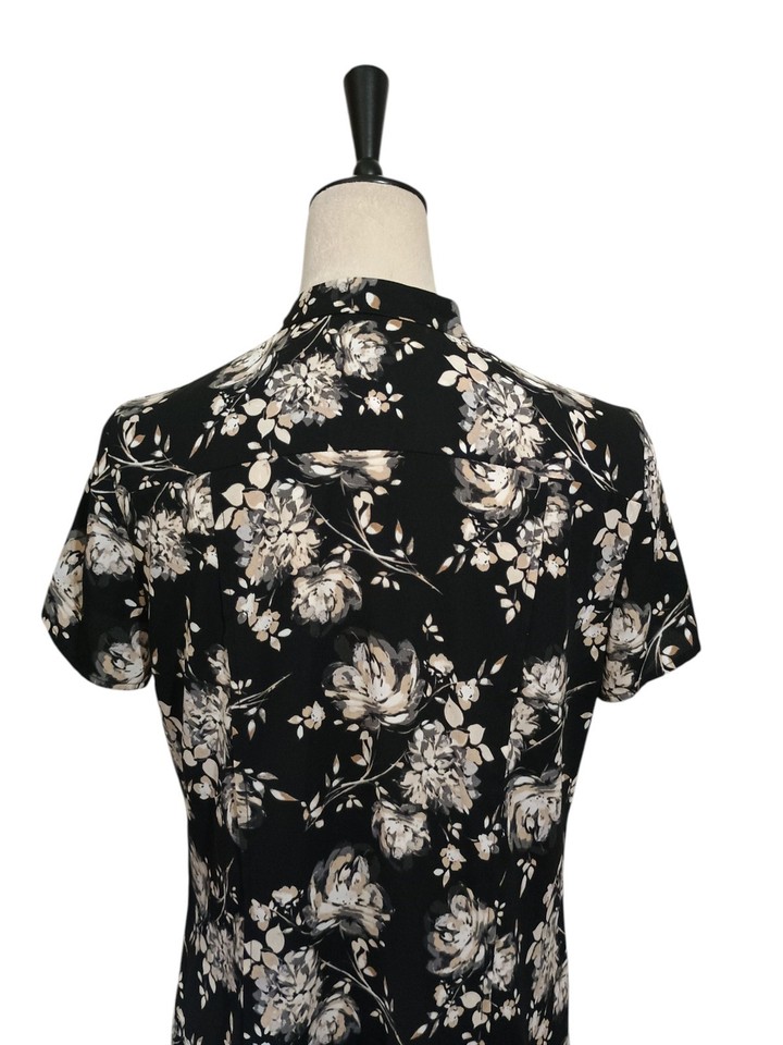 Dana Buchman SZ Medium Blouse Button Up Black Tan Floral Short Sleeve ...