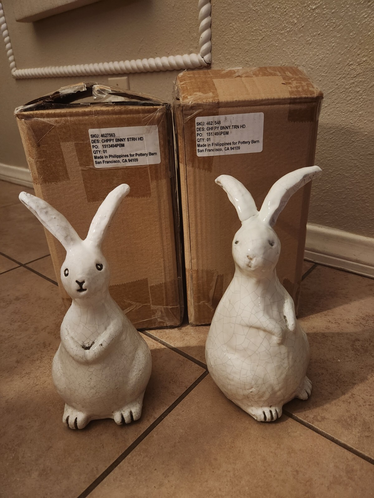 RARE NEW S/2 Pottery Barn Straight Turned Chippy Ceramic Bunnies Rabbit ...