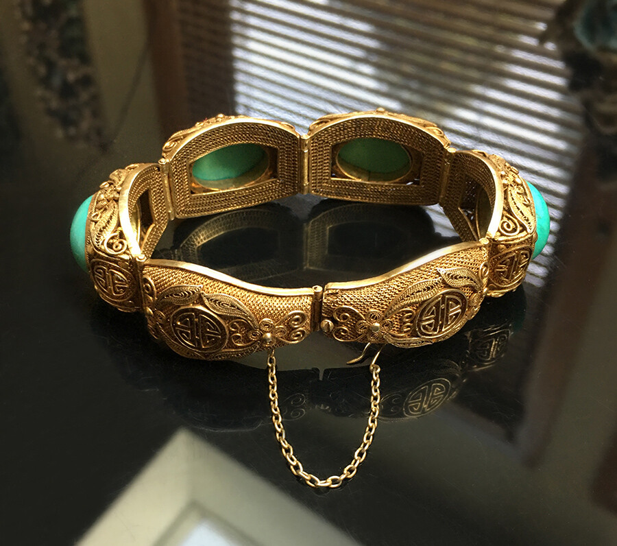Vintage Chinese Silver Bracelet Gold Gilt Persian Tur… - Gem