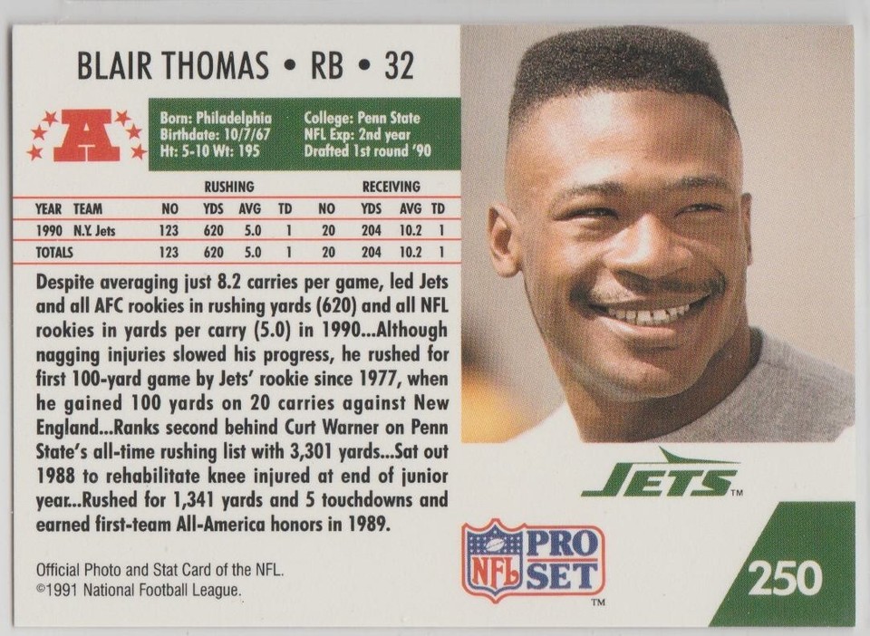 1991 Pro Set #250A Blair Thomas New York Jets Penn St Missing NFLPA ...