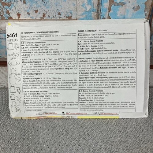 Bears 18 and 22 Inch With Accessories Uncut Pattern Simplicity 5461 for ...