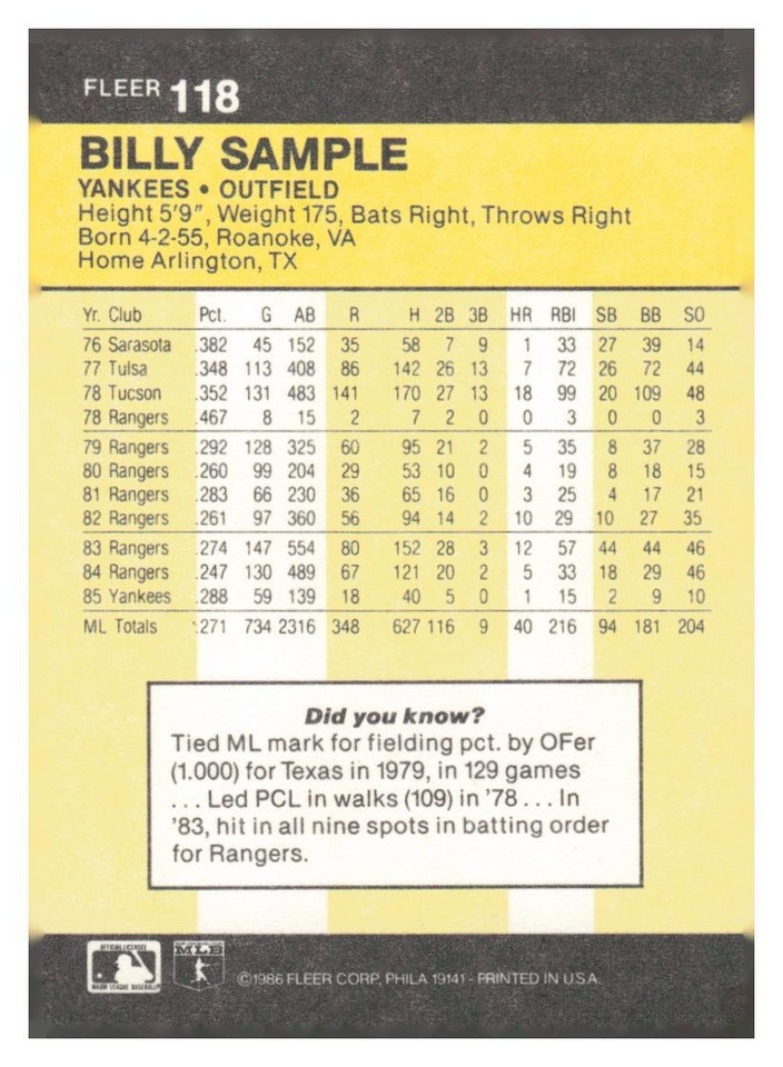 1986 Fleer #118 Billy Sample | eBay