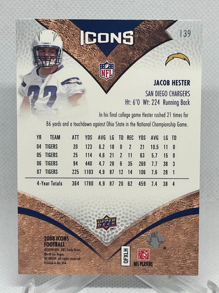 Jacob Hester 2008 Upper Deck Icons #139 /750 Rookie Card XCJX | eBay