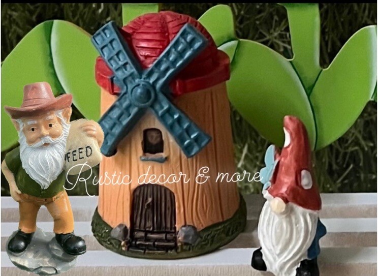 Hobbit Gnomes Fairy Garden Terrarium Fish Tank FARM Windmill w/ Gnome 2 ...
