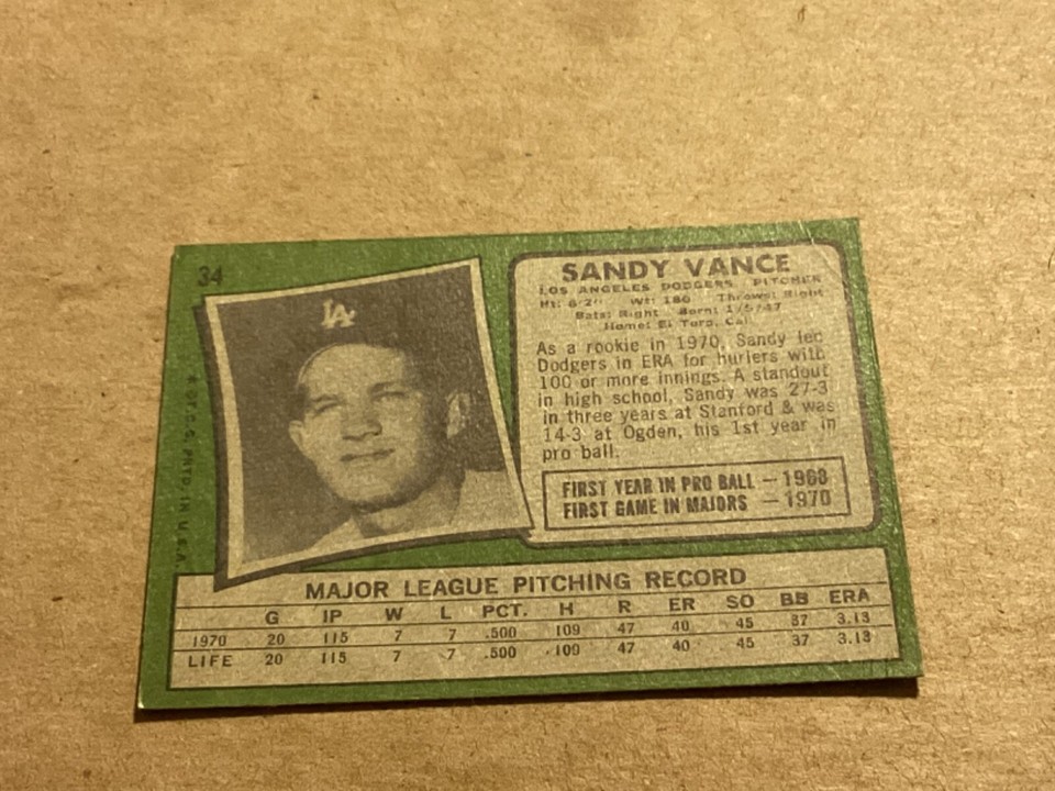 1971 TOPPS SANDY VANCE Dodgers Baseball Card #34 - Near Mint - Great ...