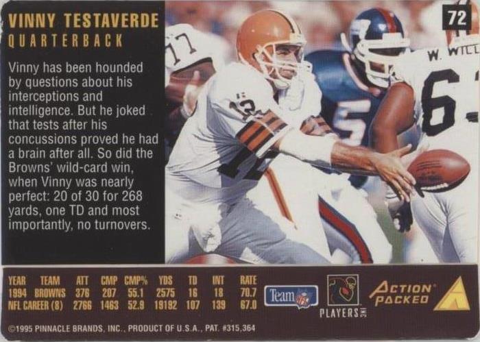 1995 Action Packed Rookies & Stars Vinny Testaverde #72 for sale | eBay