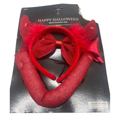 happy Halloween devil costume set red head band tail bow tie READ NEW ...