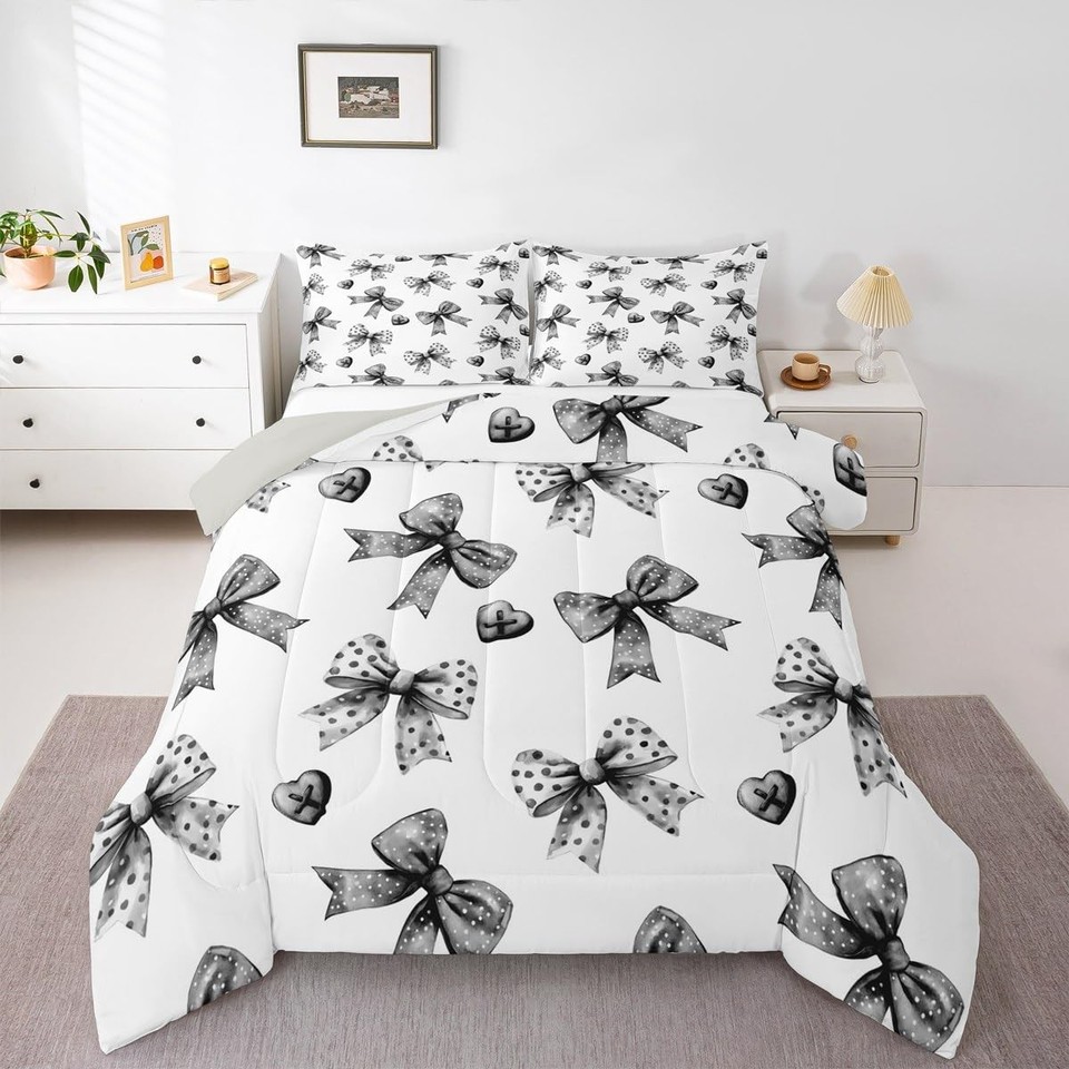 Cartoon Bow Bedding Set Cute Princess Bows Comforter Sets for Men Black ...