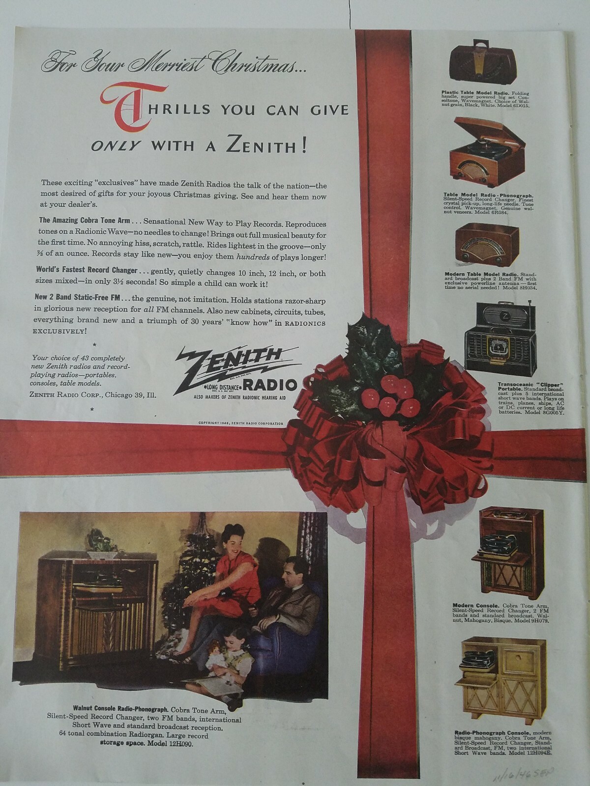 1946 Zenith radio phonograph table model consoles transoceanic portable ...