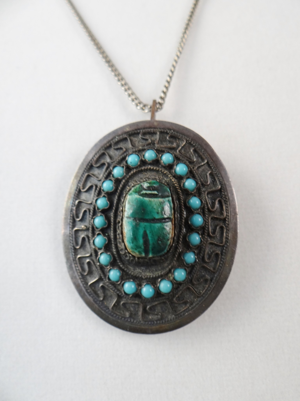 Vintage EGYPTIAN JADE GREEN SCARAB & TURQUOISE STERLI… - Gem