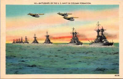Postcard Battleships of the U S Navy in Column Formation Linen Divided ...