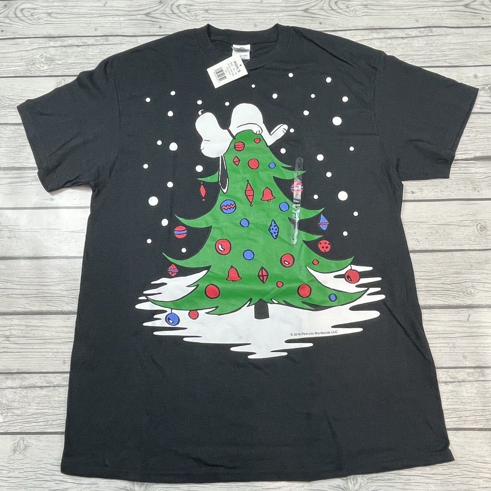 Peanuts Snoopy Large Christmas Tree Holiday Black Shirt Charlie Brown ...