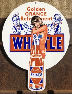 VINTAGE WHISTLE ORANGE 12” PORCELAIN LIKE ENAMEL SIGN SODA POP COKE ...