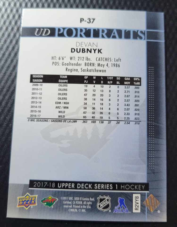 2017-18 Upper Deck UD Portraits DEVAN DUBNYK Minnesota Wild Series 1 ...