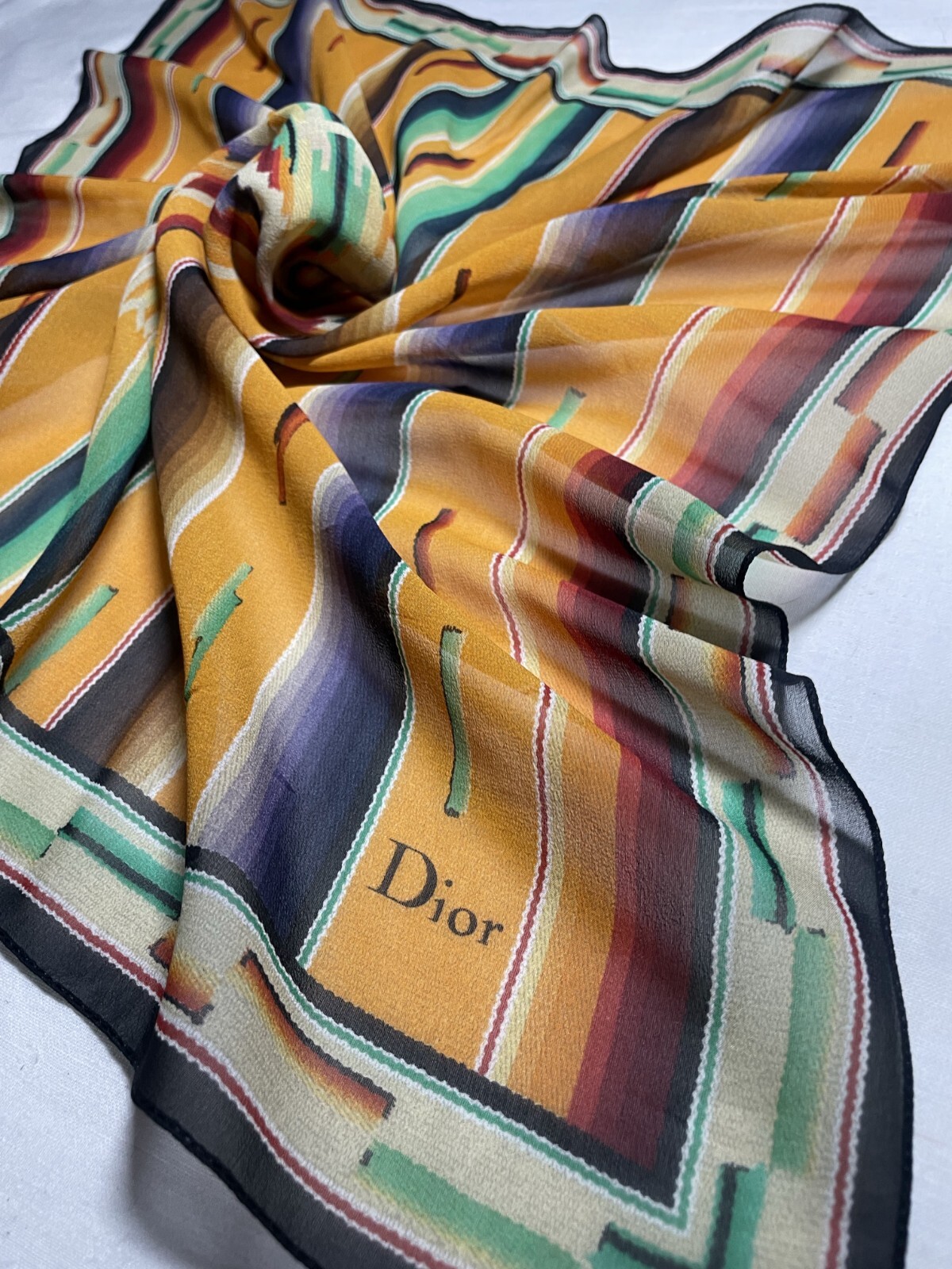 Christian Dior Orange Striped Mini Logo Silk Scarf - Gem