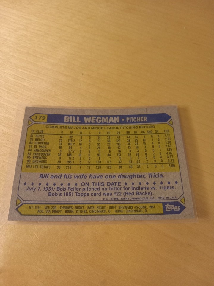 1987 Topps #179 BILL WEGMAN Milwaukee Brewers Baseball Card, Pitcher ...